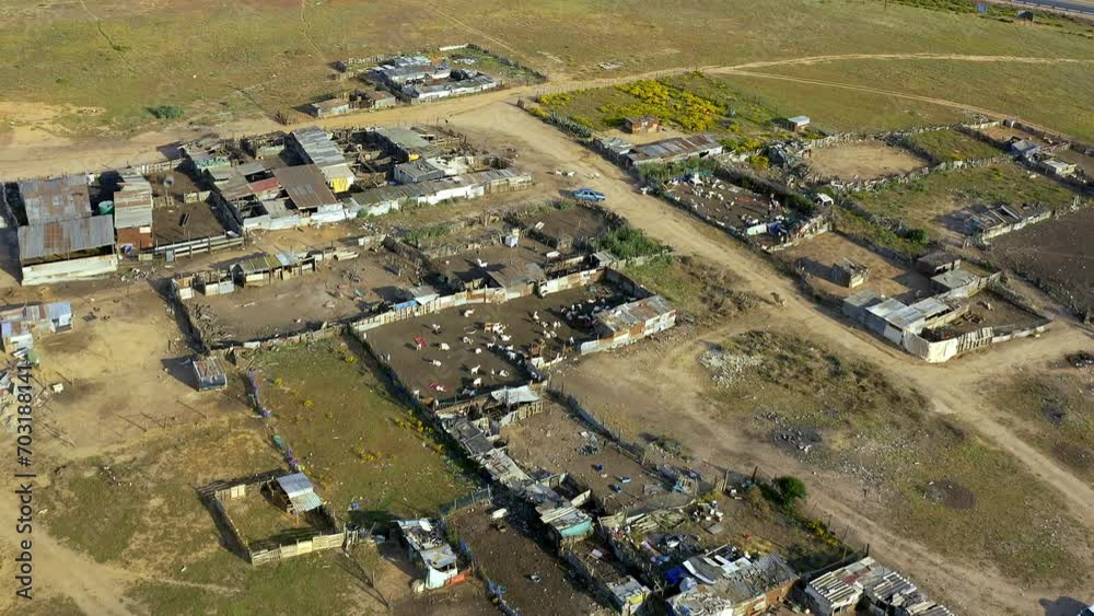 Drone, houses in rural area and village with infrastructure, informal ...