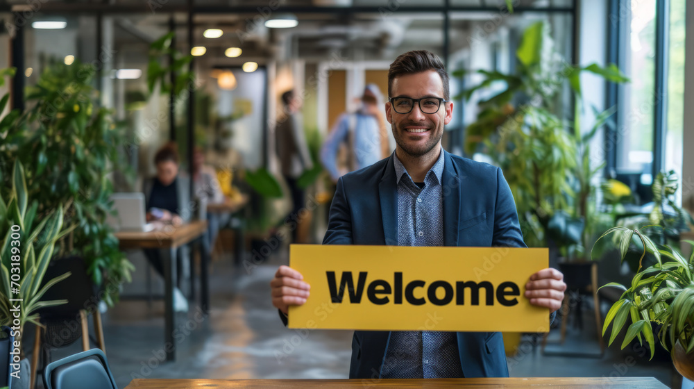 Welcome to company concept image with male manager holding a welcome ...
