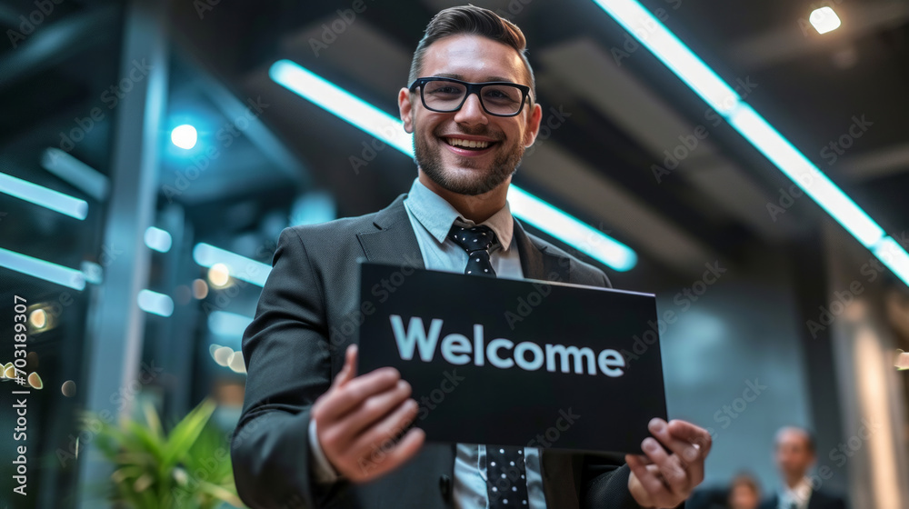 Welcome to company concept image with male manager holding a welcome ...