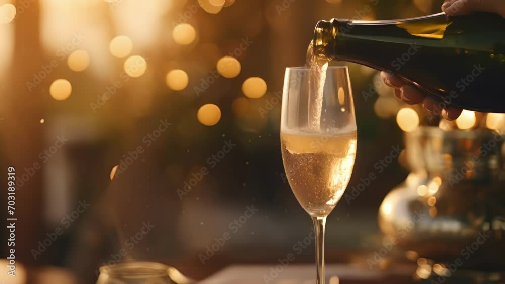 Vidéo Stock Closeup of a hand pouring sparkling wine into a glass, with the light reflecting off ...
