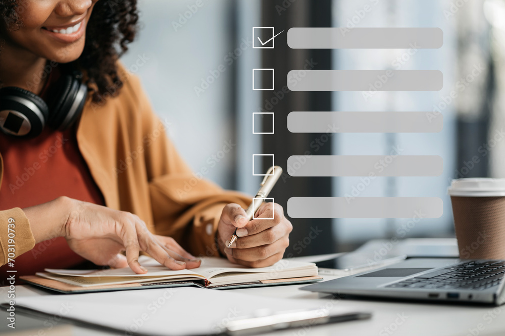 Business performance checklist concept, businessman using tablet and ...