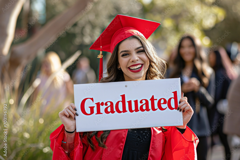 Graduated concept image with college student in red regalia on ...