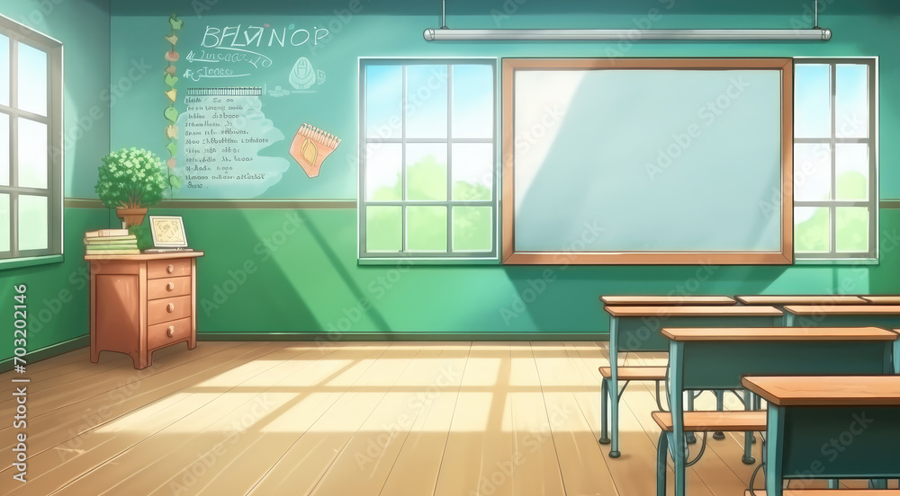 Empty school classroom and green chalkboard with empty space. Cartoon ...