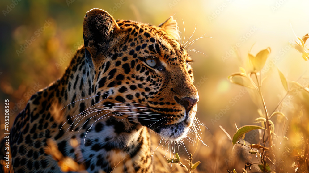 On the frame, a leopard, looking into the distance with an expression ...