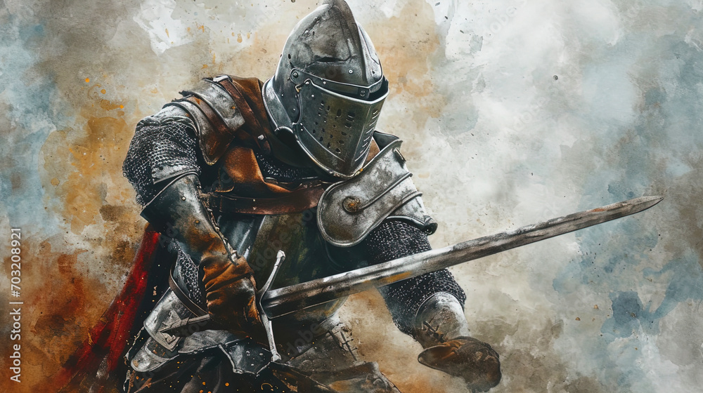The watercolor drawing of a valiant knight with a sword, ready to enter ...
