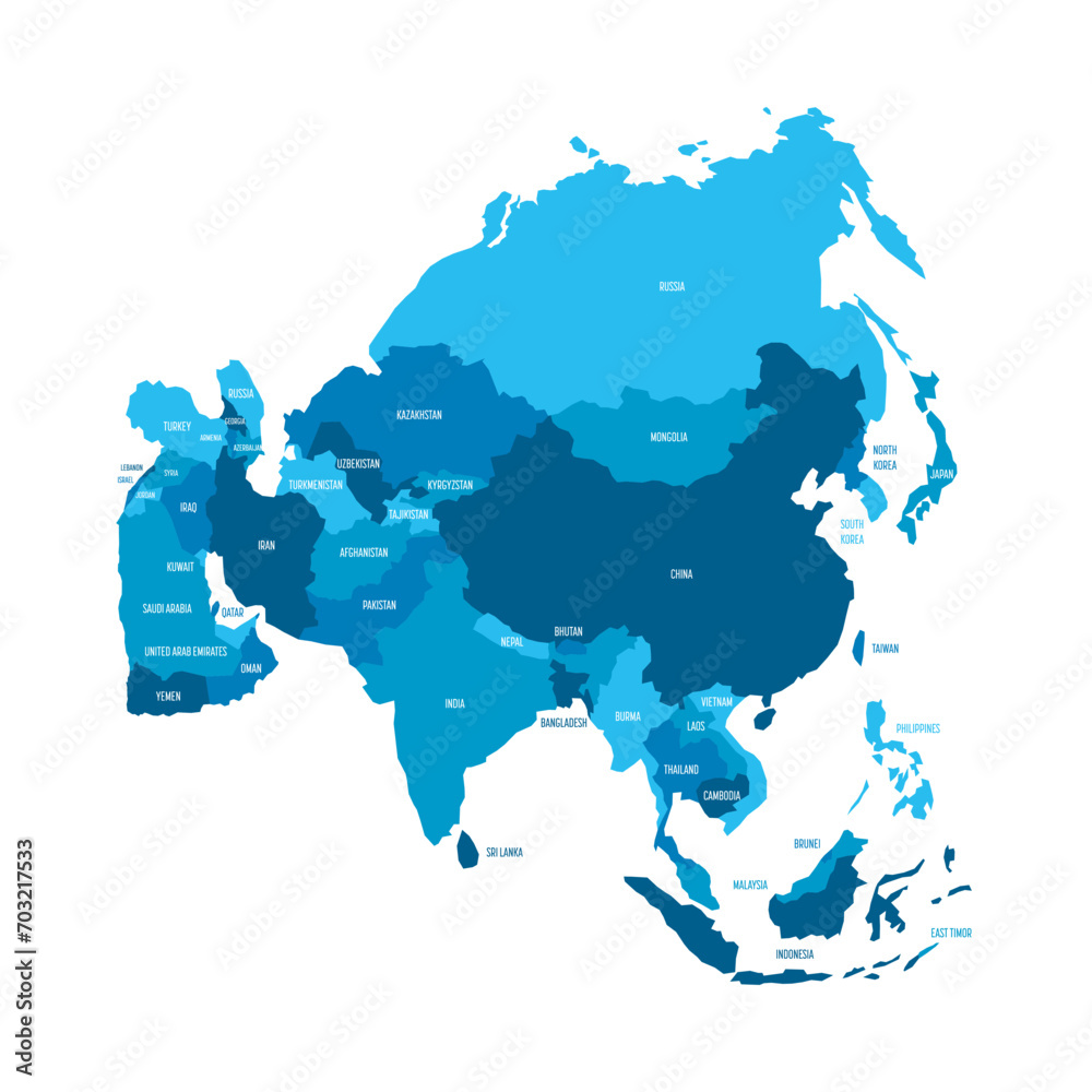 Political map of Asia. Blue colored land with country name labels on ...