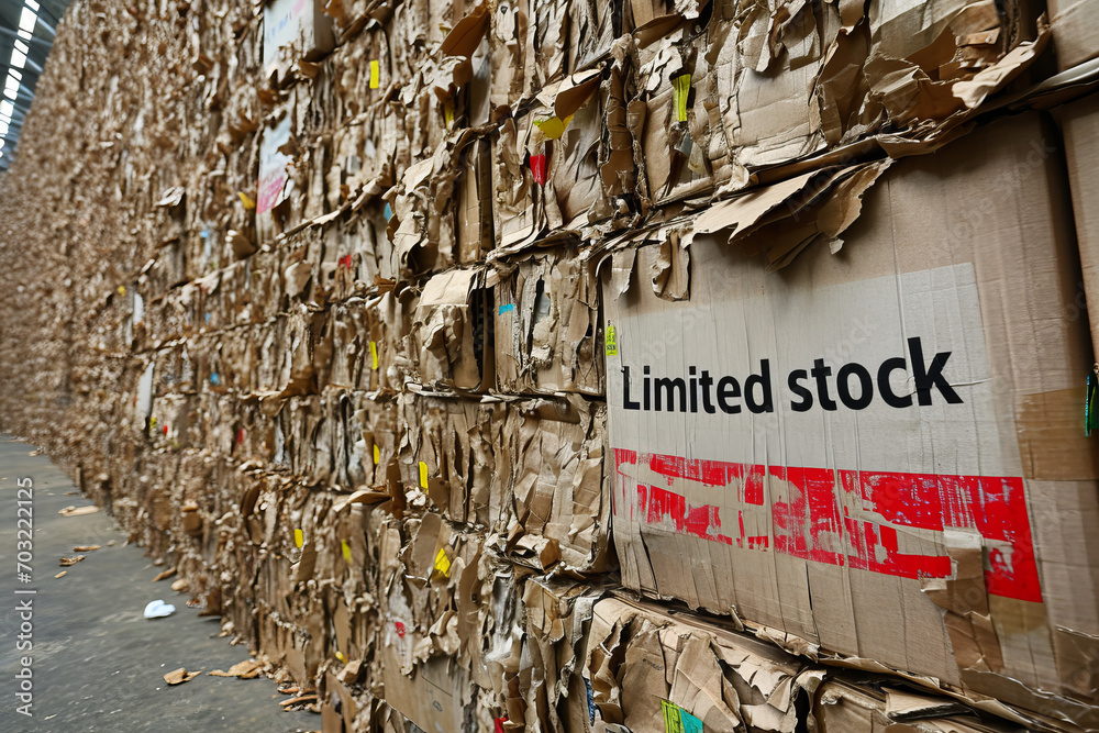 Fake scarcity concept image with huge wall of cardboard boxes with ...