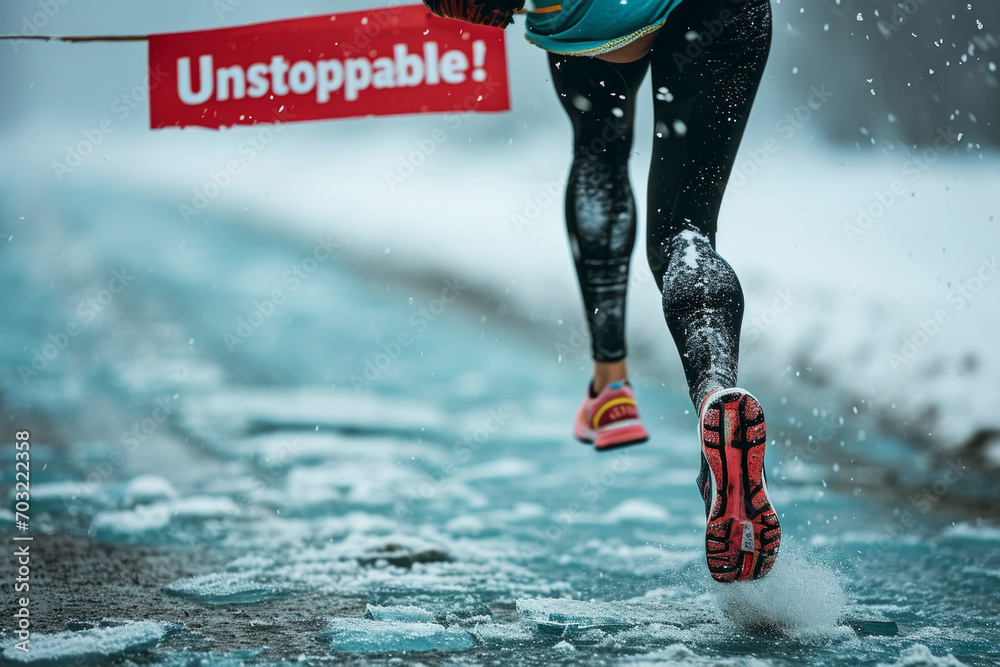 Unstoppable concept image with courageous woman runner legs running on ...