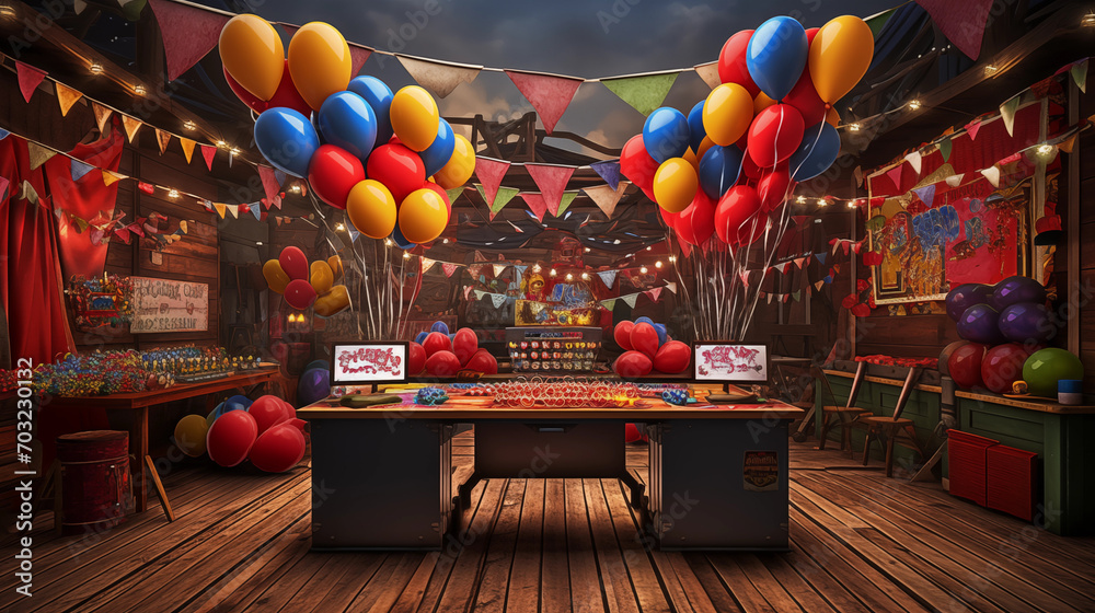 balloons and prizes at a dart throwing game booth at a carnival front ...