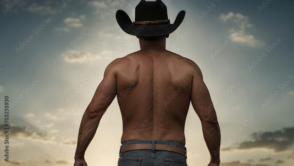 Muscular cowboy viewed from behind wearing a black hat and jeans ...