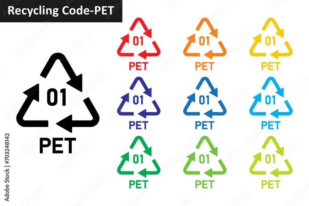 PET plastic recycling code icon set. Plastic recycling symbols 01 PET ...