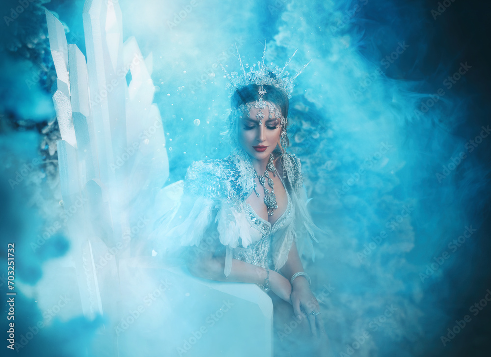 Art photo real people Fantasy woman snow queen sits on ice throne chair ...