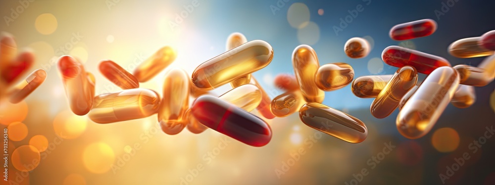 multi colored tablets and pill capsules randomly flying levitation in ...