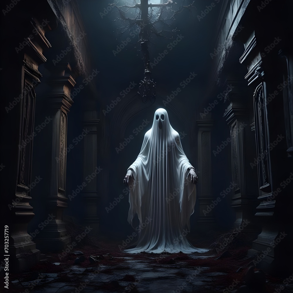 Amidst impenetrable darkness, a spectral, eerie ghost materializes, its ...