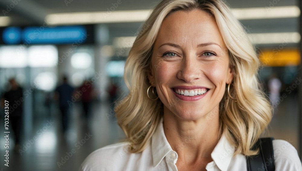 Radiant middle-aged woman with blonde hair and a beaming smile, wearing a white shirt and hoop ...