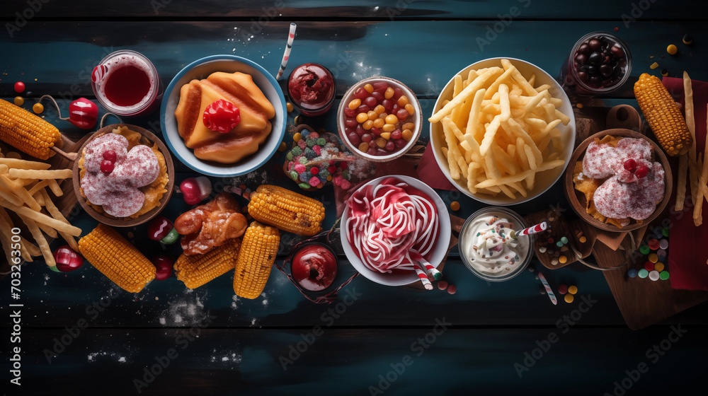 Carnival theme food table scene over a dark wood banner background. Top ...