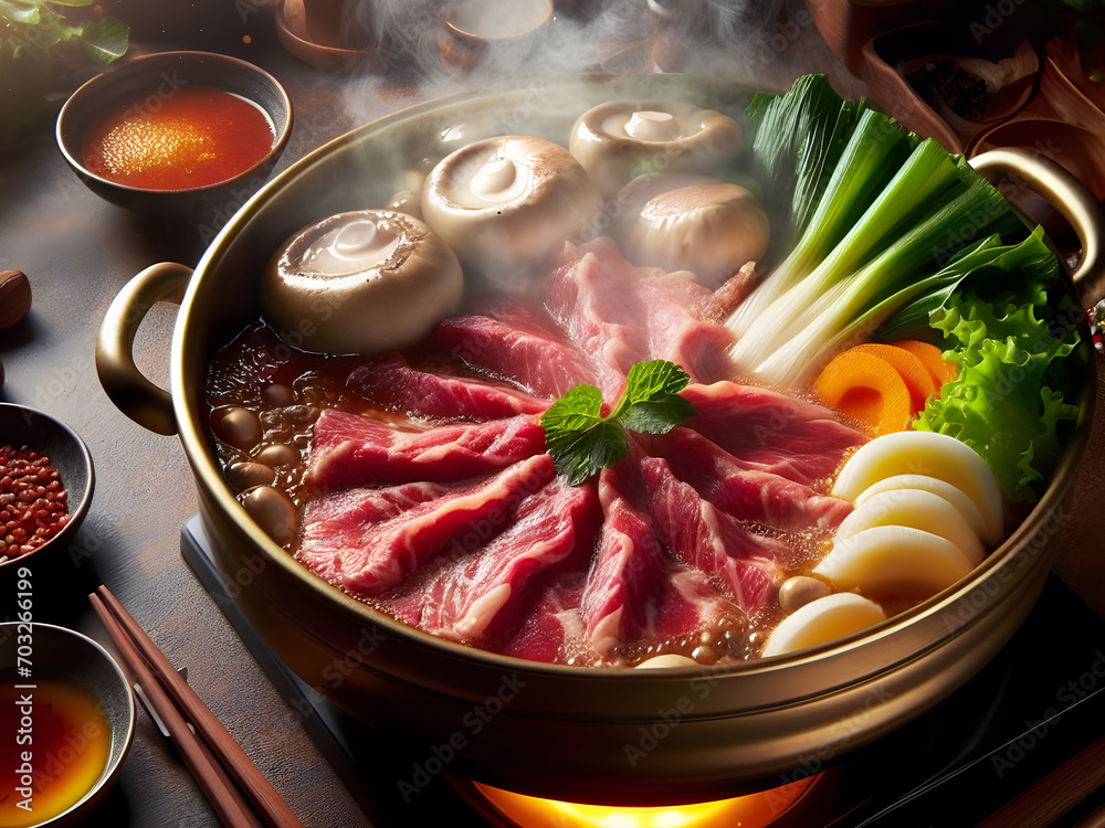 Japanese food sukiyaki buffet. Traditional sukiyaki vegetables ...