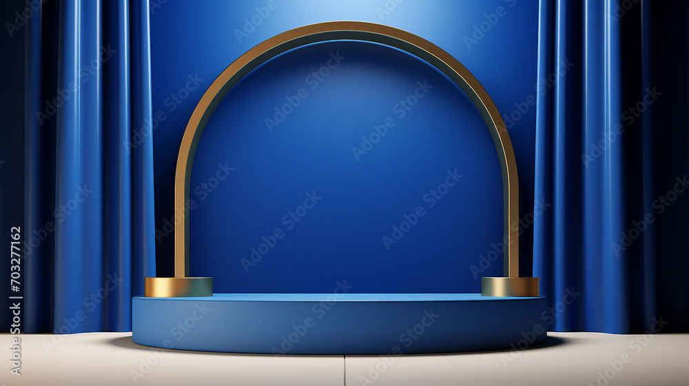 Three Empty Blue Cylinder Podiums with Gold Borders, Shiny Metallic ...