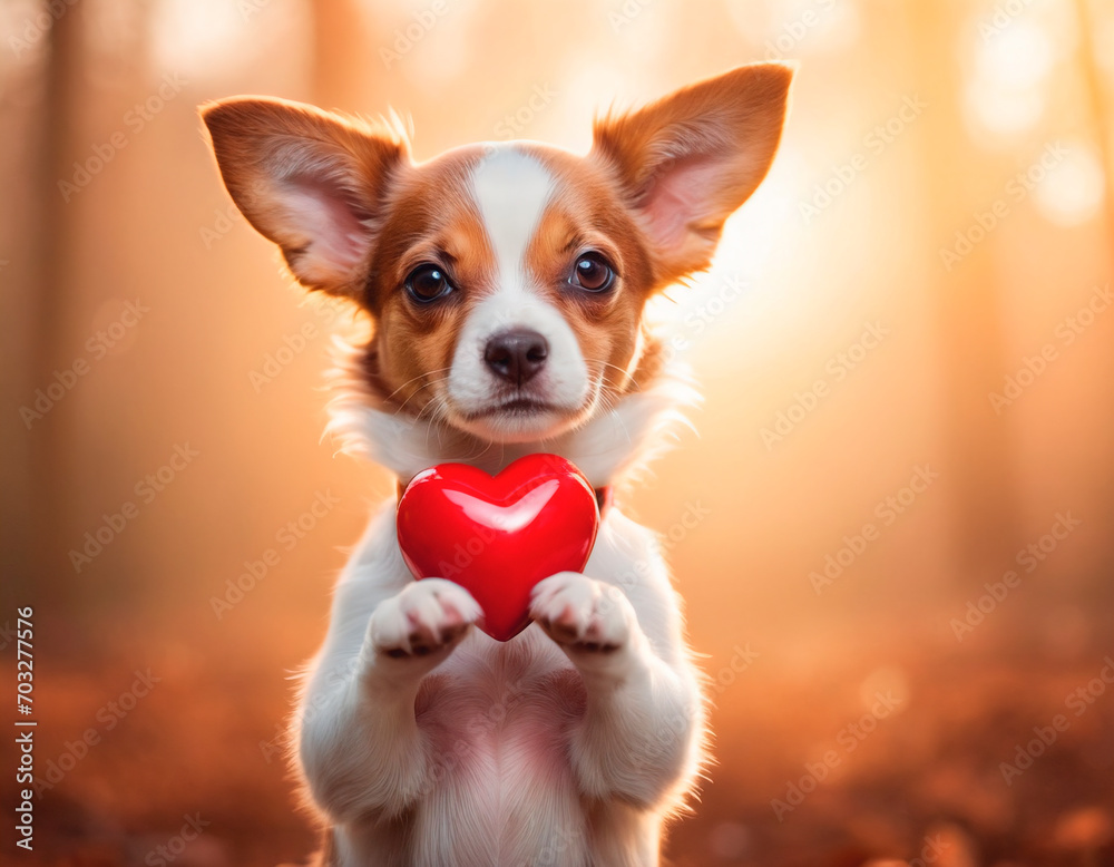 Adorable Puppy Holds Red Heart In Its Paws - Sweet Pet Love. A cute ...