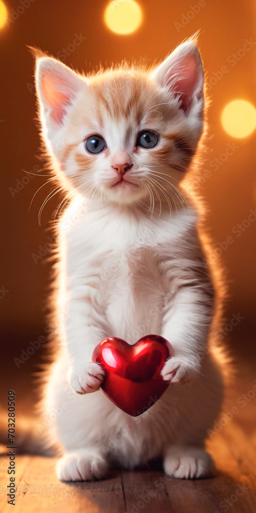 Kitten Holds Red Heart In Paws, Adorable Feline Captured With Symbol of ...