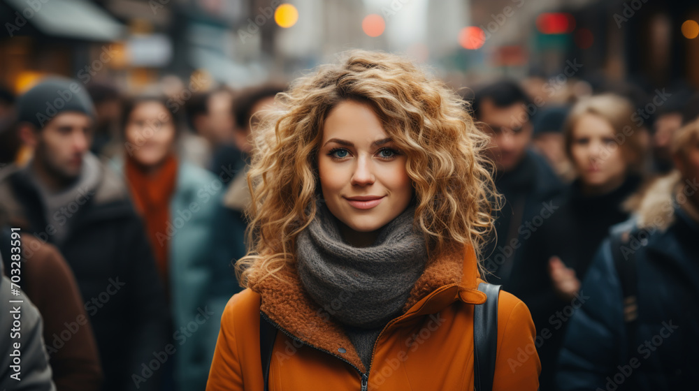 Urban girl standing out from the crowd at a city street. Stock ...