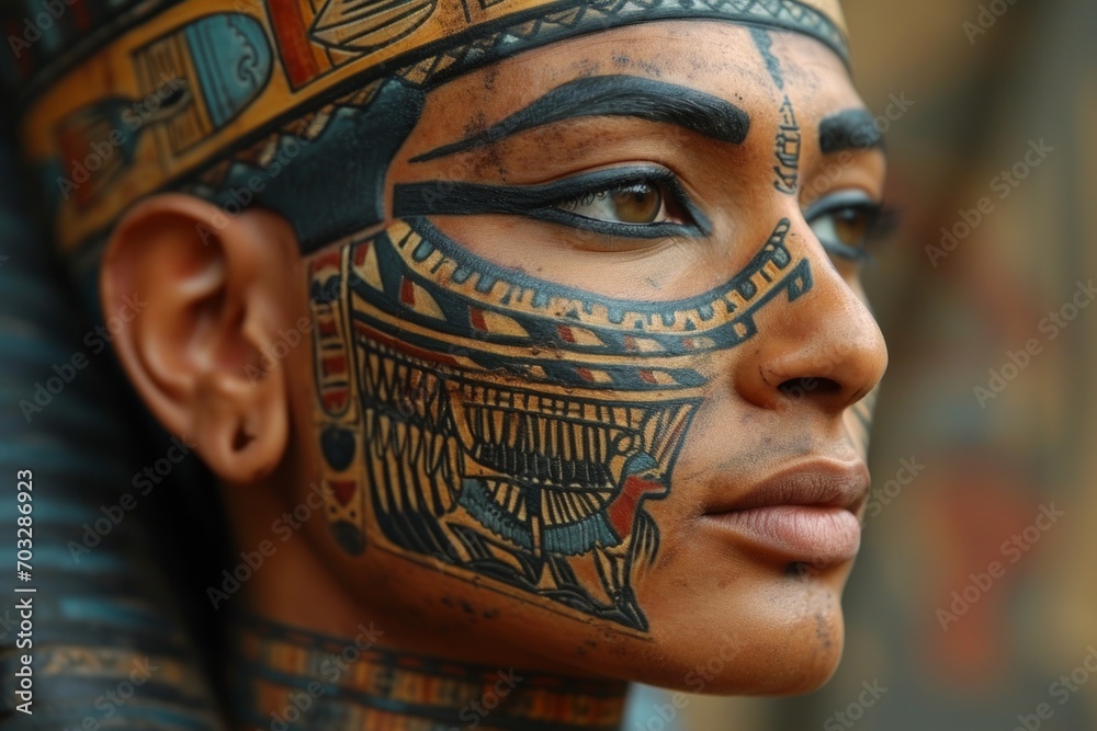 Profile of a man with body painting inspired by ancient Egyptian motifs ...