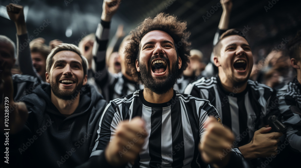 Crowd of sports fans cheering during a match in stadium. Excited people ...