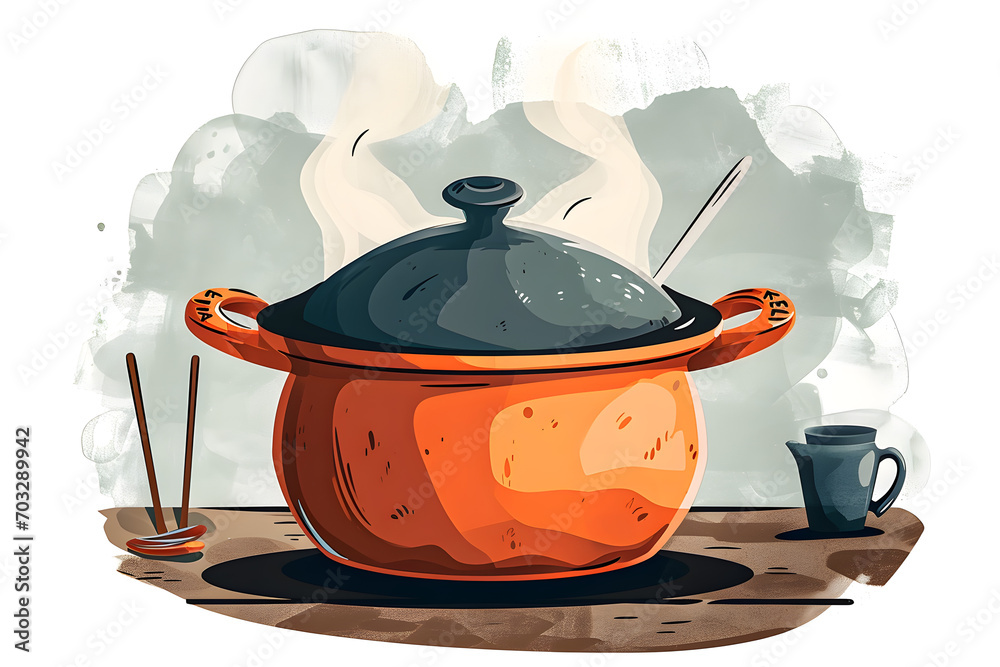 Flat vector illustration, cast iron cooking pot simmers ejido hidalgo ...