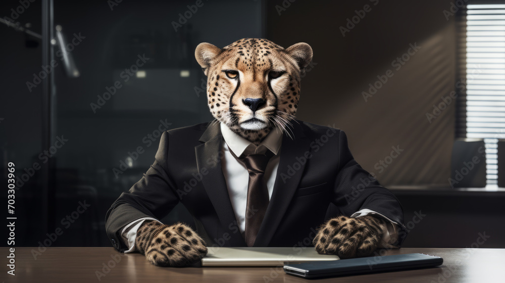 Cheetah-headed businessman in sharp suit, office setting, symbolizing ...