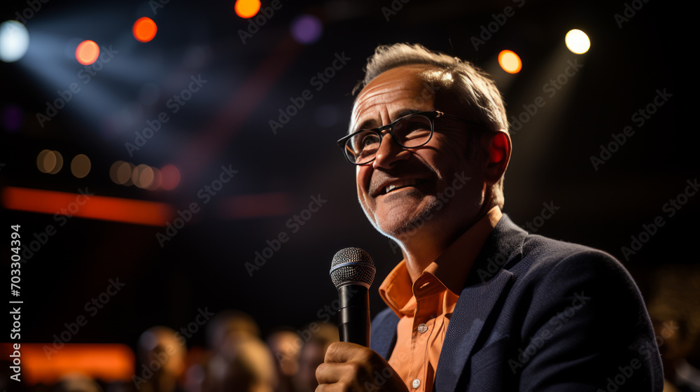 Comedian delivering a speech on stage with a blurred audience ...