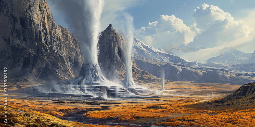 geothermal geyser during full eruption, sending boiling water and steam ...