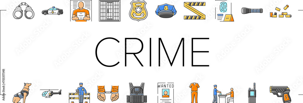 crime scene police evidence icons set vector. murder criminal, tape ...