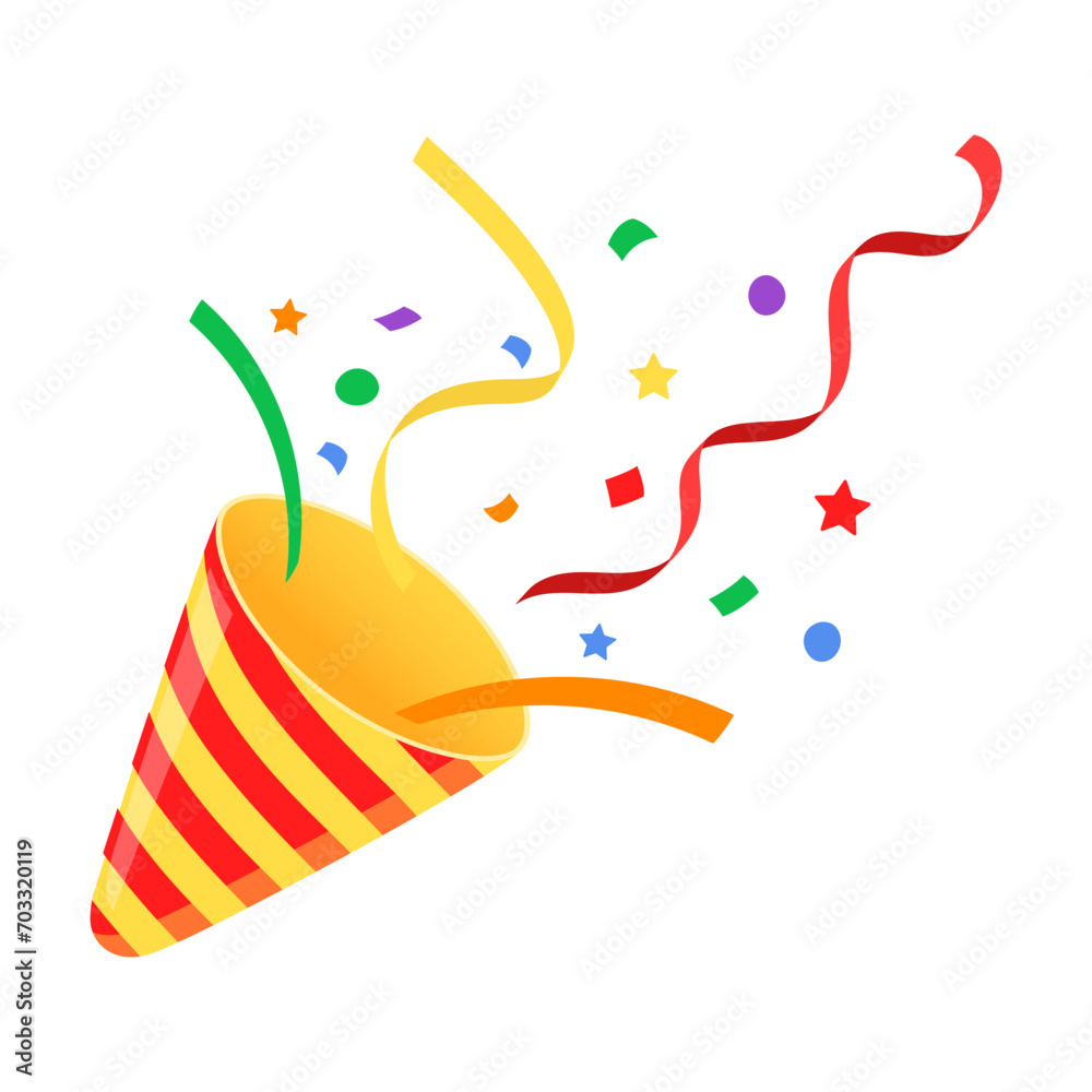 Party popper with gold confetti and serpantine salute isolated on white ...