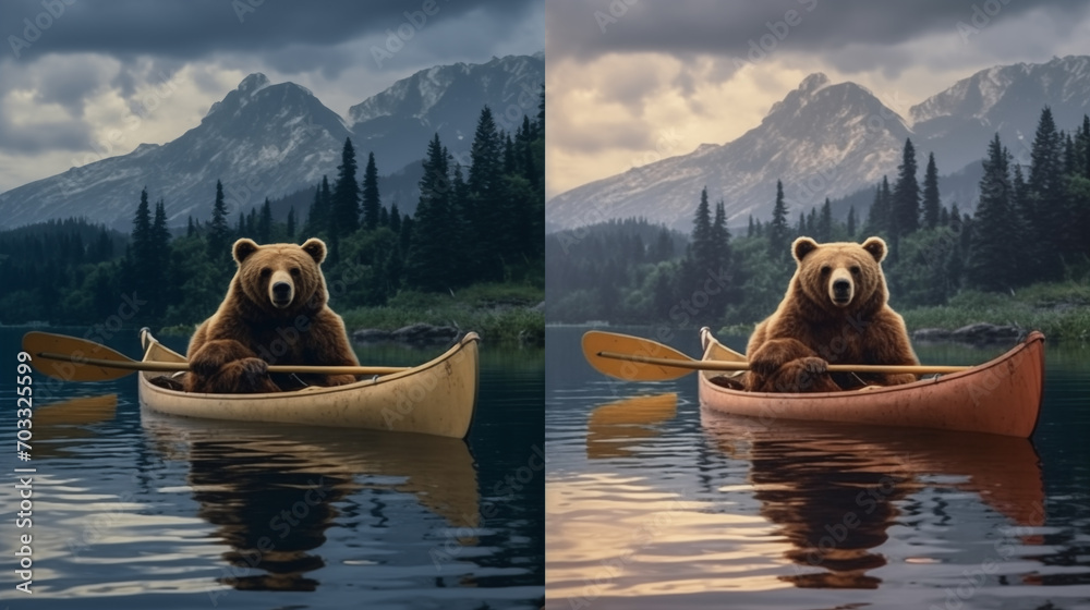Photograph of a bear paddling a canoe in a lake amidst nature. Stock Photo | Adobe Stock