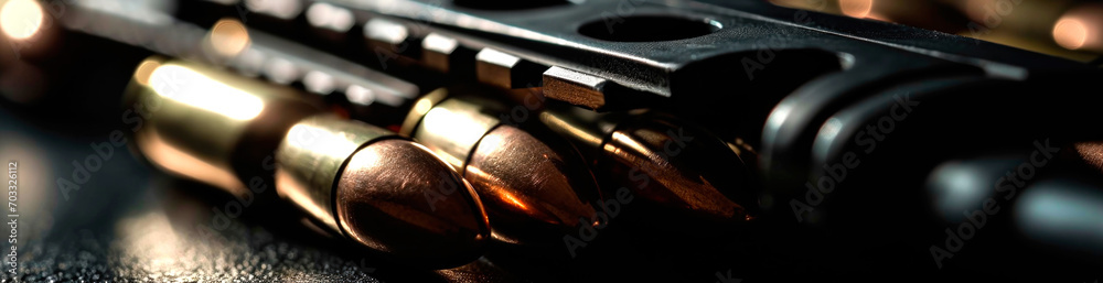 Modern machine gun with bullets close-up. Dark background. AI generated ...