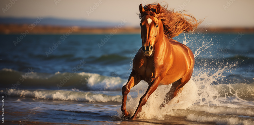Un cheval galopant sur une plage au bord de la mer Photos | Adobe Stock