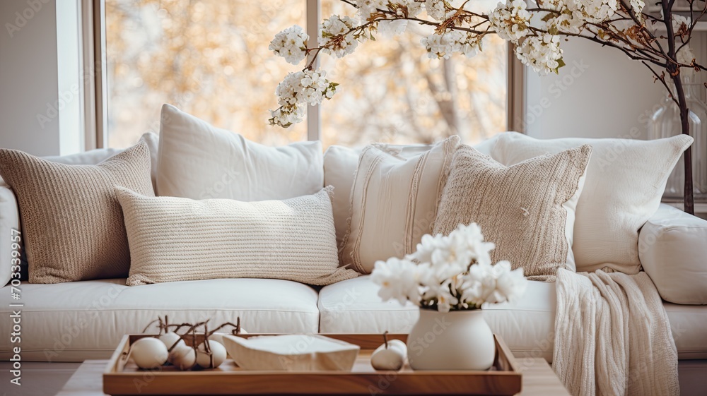 Visualize a person arranging throw pillows and blankets on a sofa ...
