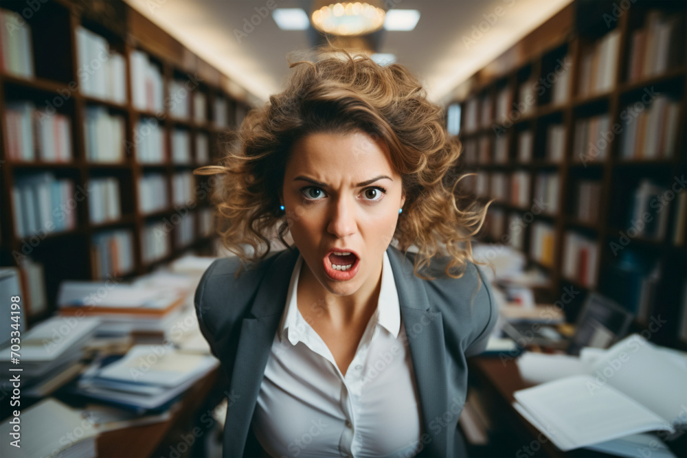 Portrait of an angry and tired female office employee in a business ...