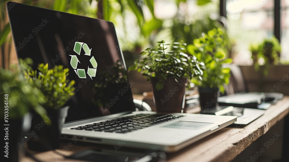 Modern laptop adorned with a bright green recycle symbol, emphasizing ...