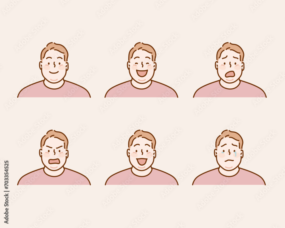 Vector cartoon image of a set of fat men with brown hair expressing ...