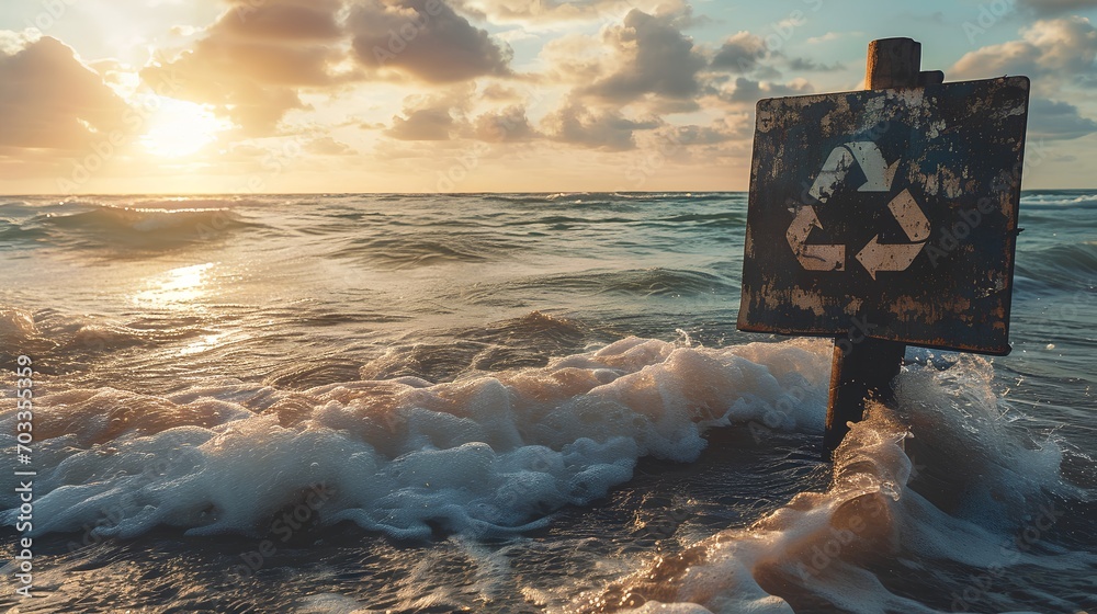 A vivid image depicting a recycle symbol superimposed on a serene sea ...
