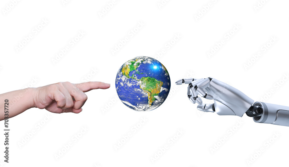 3d render png file of human and robot hand touching earth planet ...