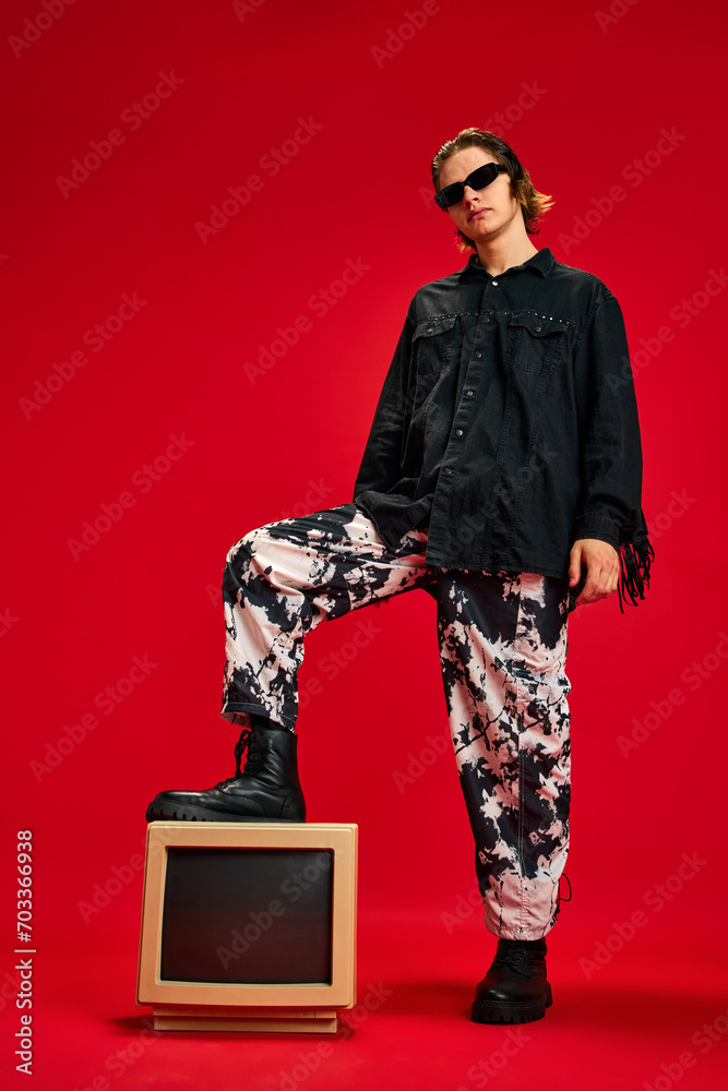 Full length portrait of cool attitude man in retro fashion style posing ...