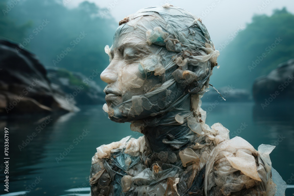 statue of a person made of plastic in the ocean. Female sculpture in ...