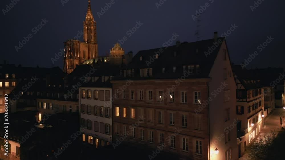Establishing aerial reveal shot of Strasbourg Cathedral of Notre Dame ...