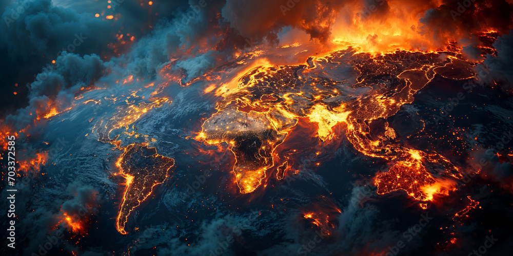 Dark world map, full covered with oil, carbon and smoke, burned and ...