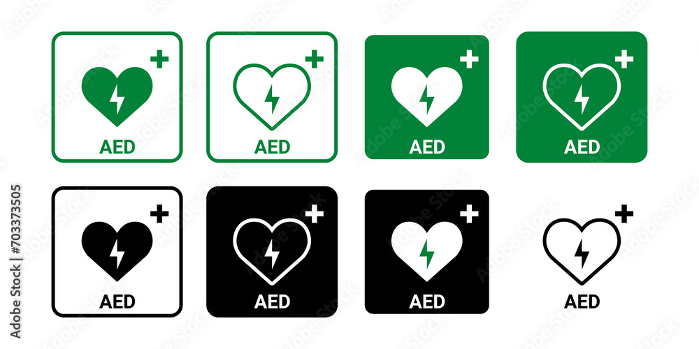 AED icon collection, automated external defibrillator sign with ...