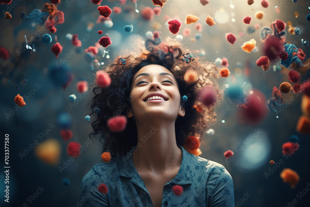 A person surrounded by a bubble of positive thoughts, symbolizing the ...