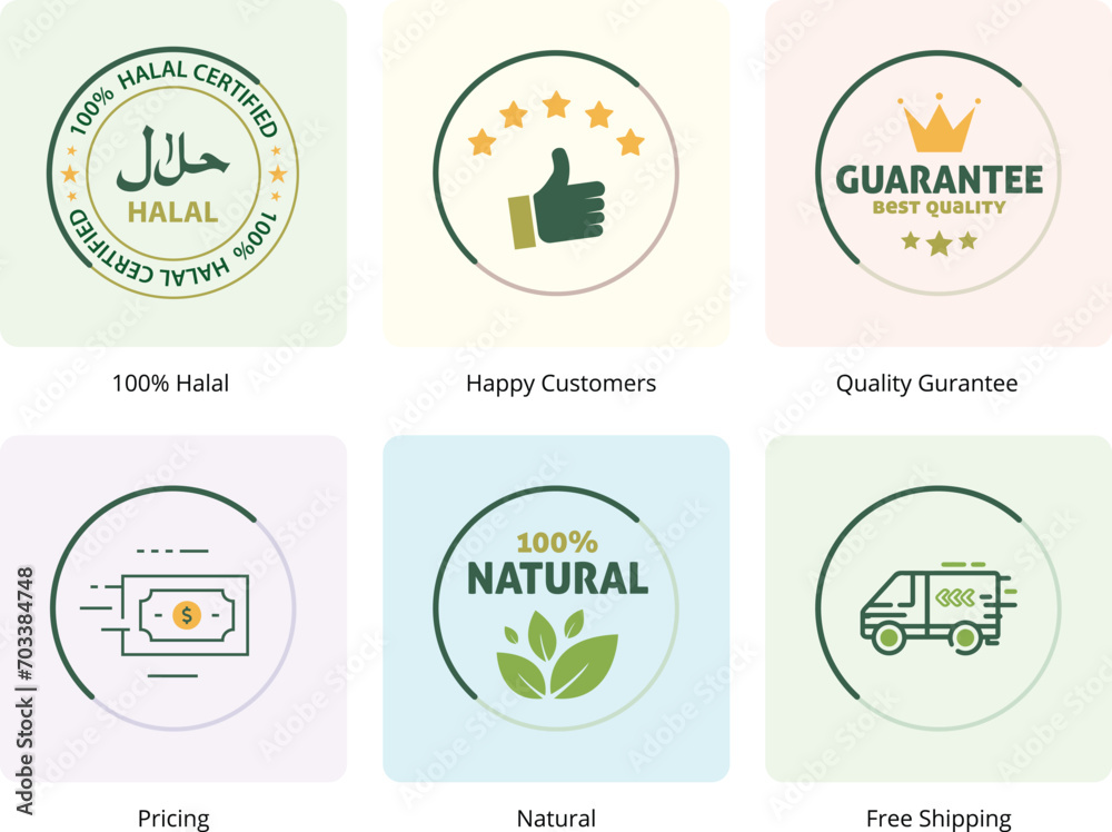 Halal Food Icons Set, Quality, Nature, Guarantee, Price icons set ...