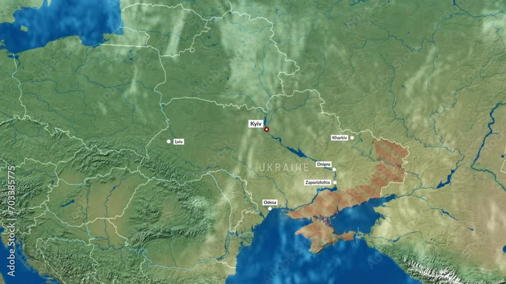 A satellite view of Europe, zooming in to Ukraine. The capital city of ...